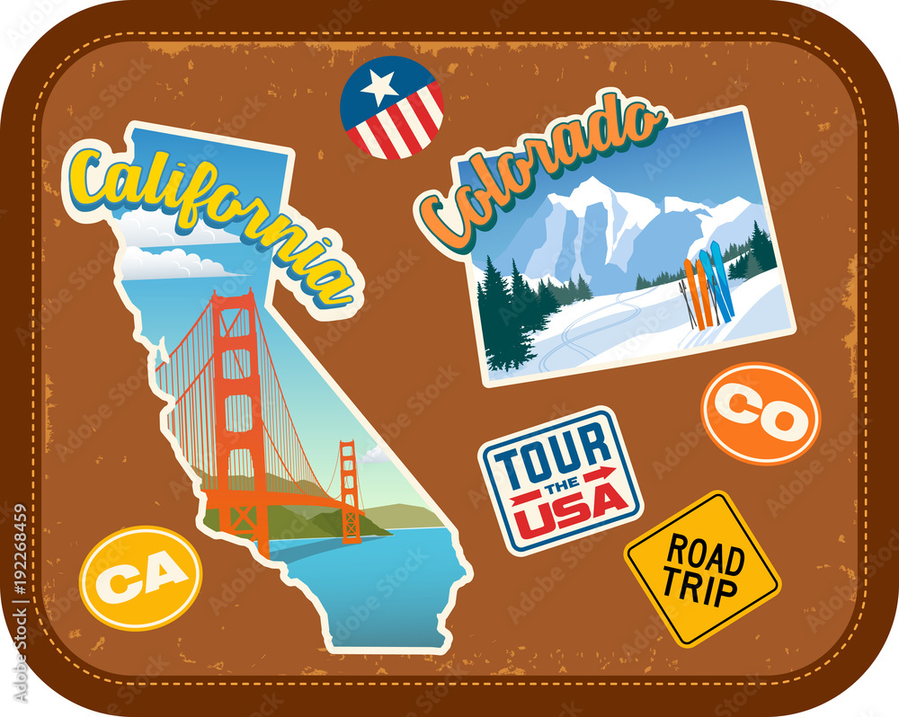 California and Colorado travel stickers with scenic attractions and ...
