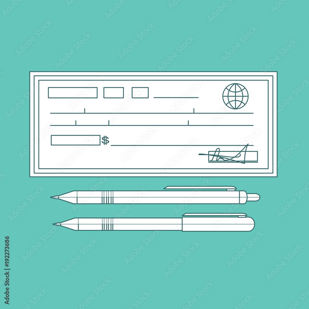 Cheque icon in flat style. Contour Cheque book on colored background ...