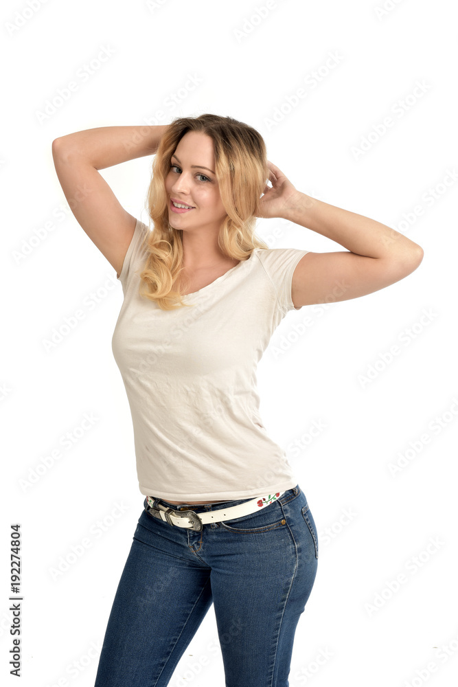 3 4 Portrait Of Blonde Girl Wearing White Shirt Posing With Hands