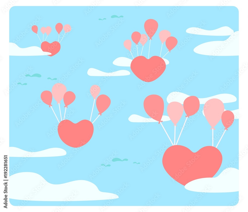 Heart is floating on the sky with balloons, The love are floating ...