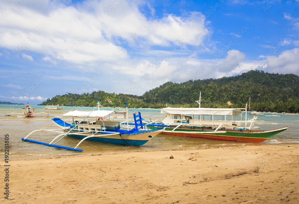 Traditional Philippine boats on the beach in Port Barton. The island of ...