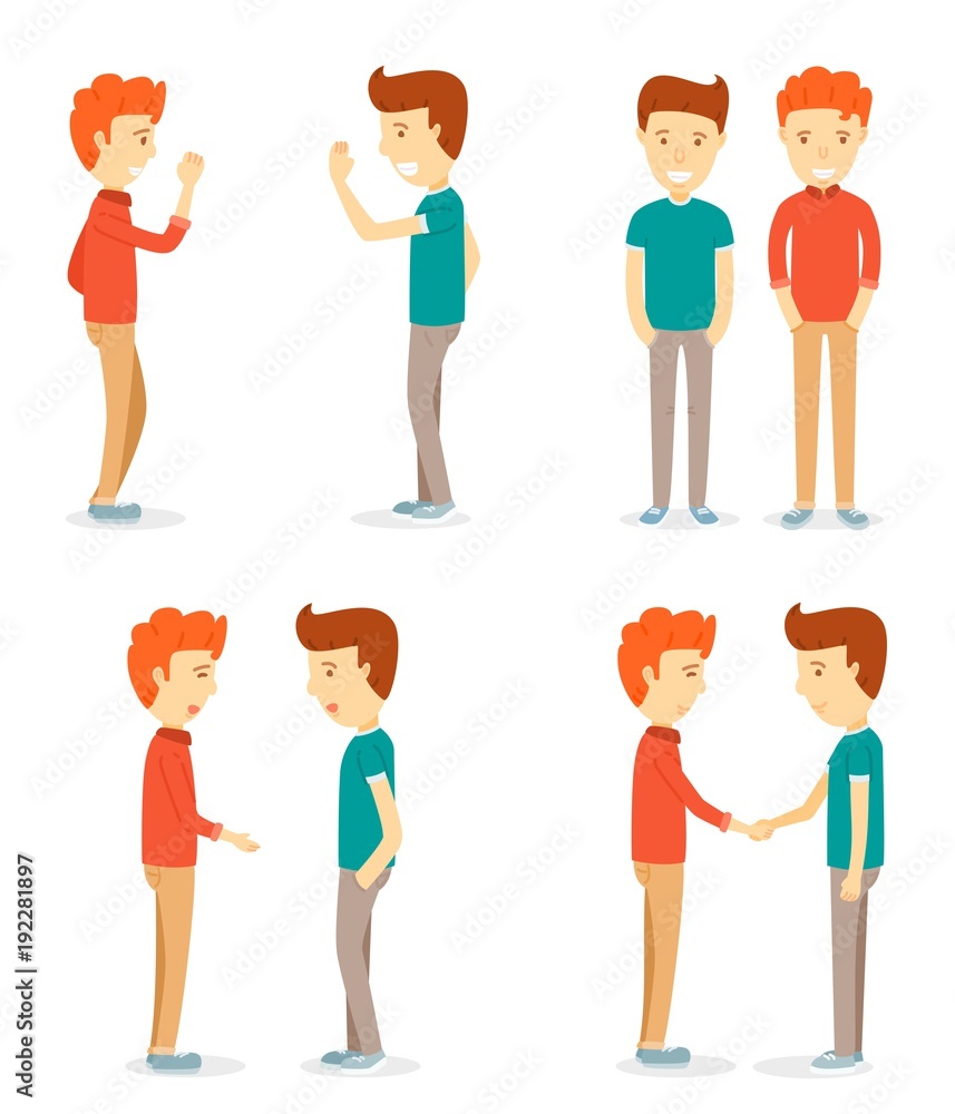 Set of two happy men character, two men, talking, two men shaking hands ...