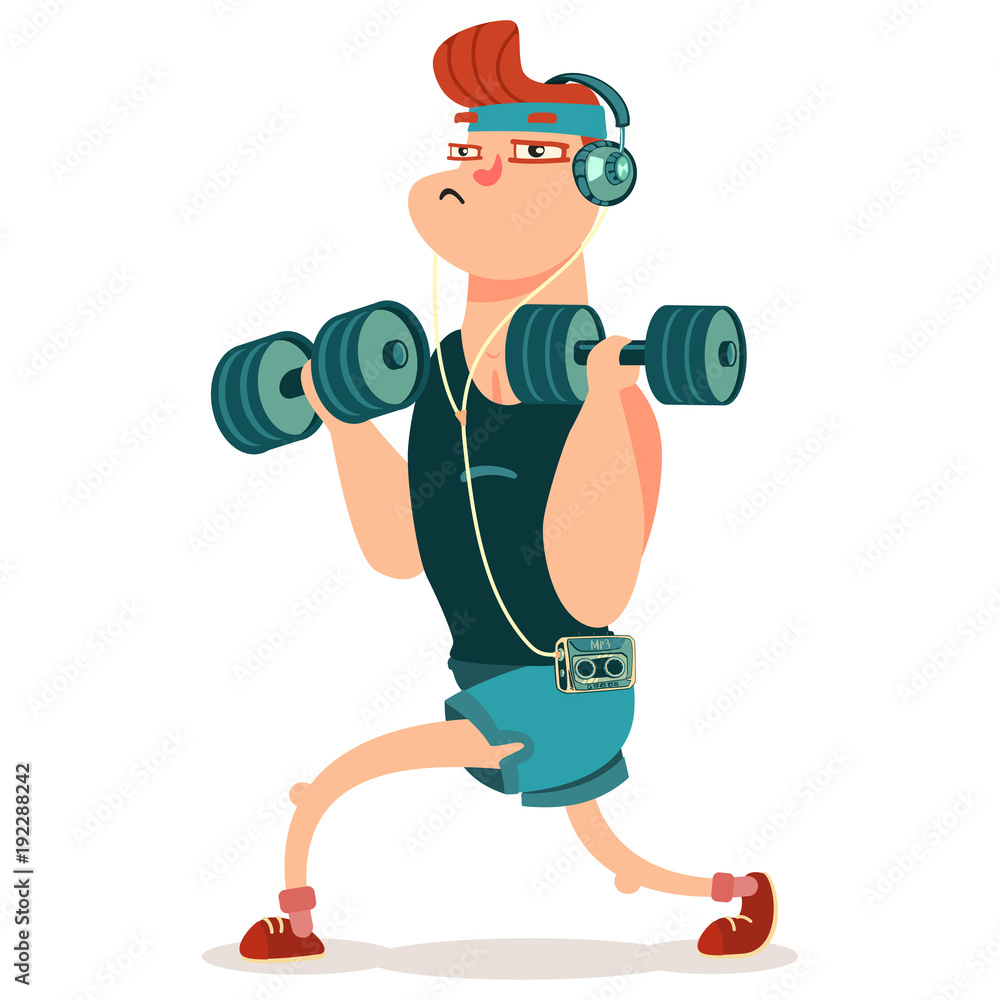 Mаn doing fitness exercises with dumbbells. Cute guy cartoon vector ...