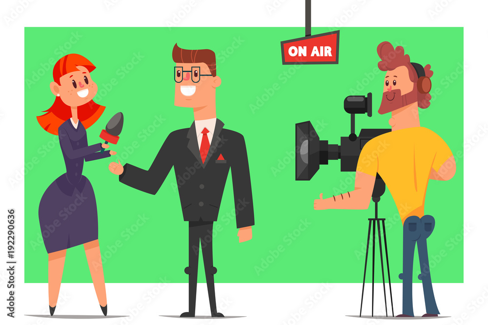 Journalist with a microphone take interviews a businessman in studio ...