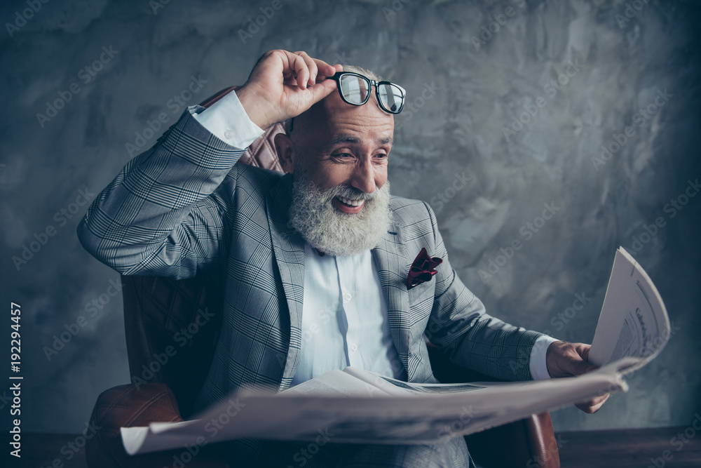 Attractive, laughing boss in suit take off glasses, look, watch, read ...