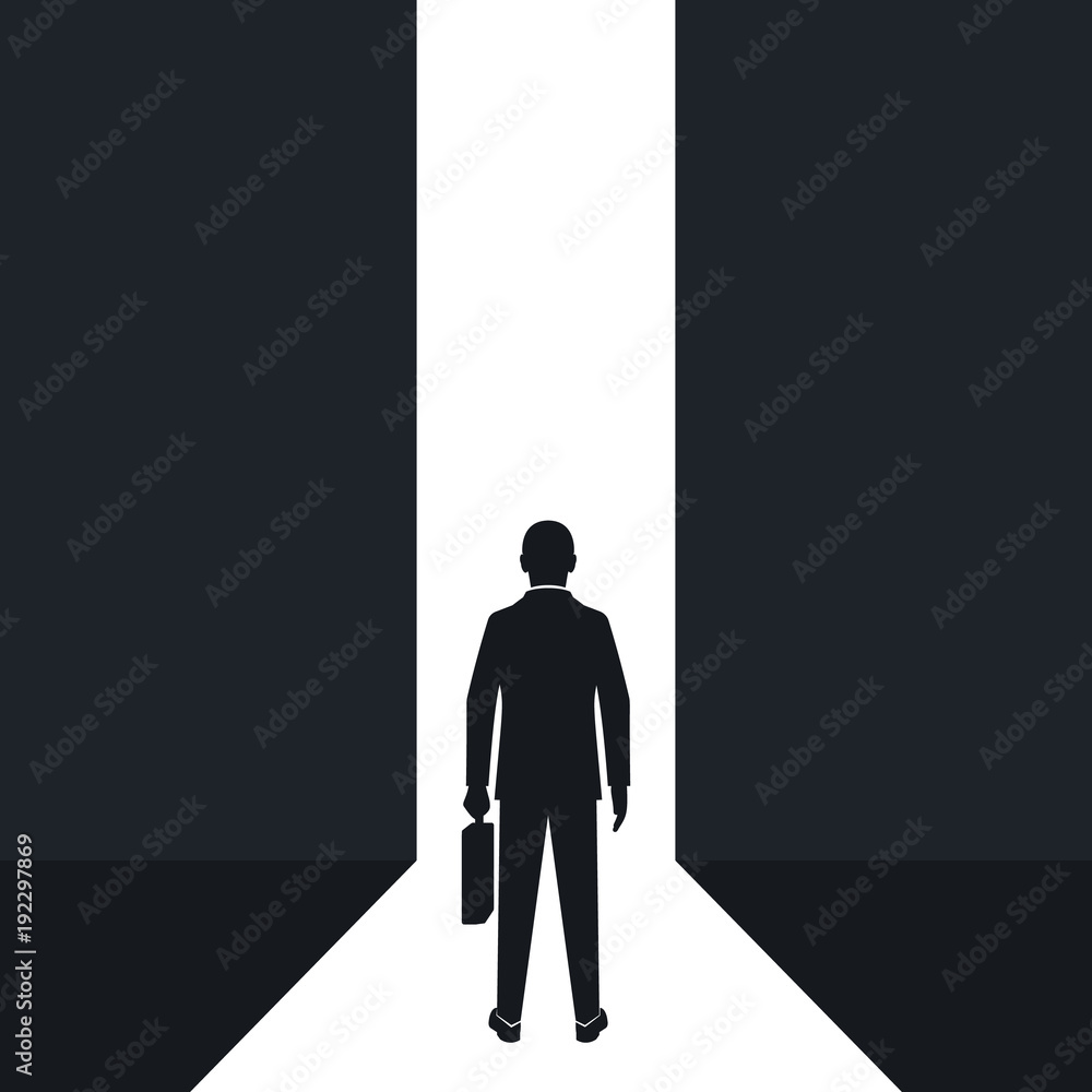 Entrance concept. Way forward silhouette businessman in suit stands in ...