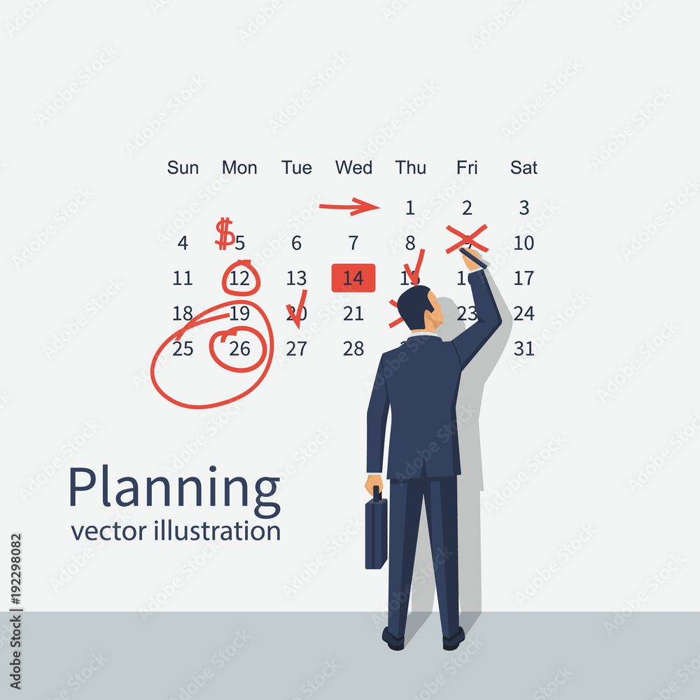 Mark calendar. Businessman makes notes on calendar. Planning working ...
