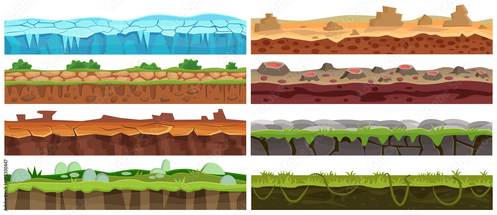 Seamless cartoon vector landscape design set. Ground floor collection ...
