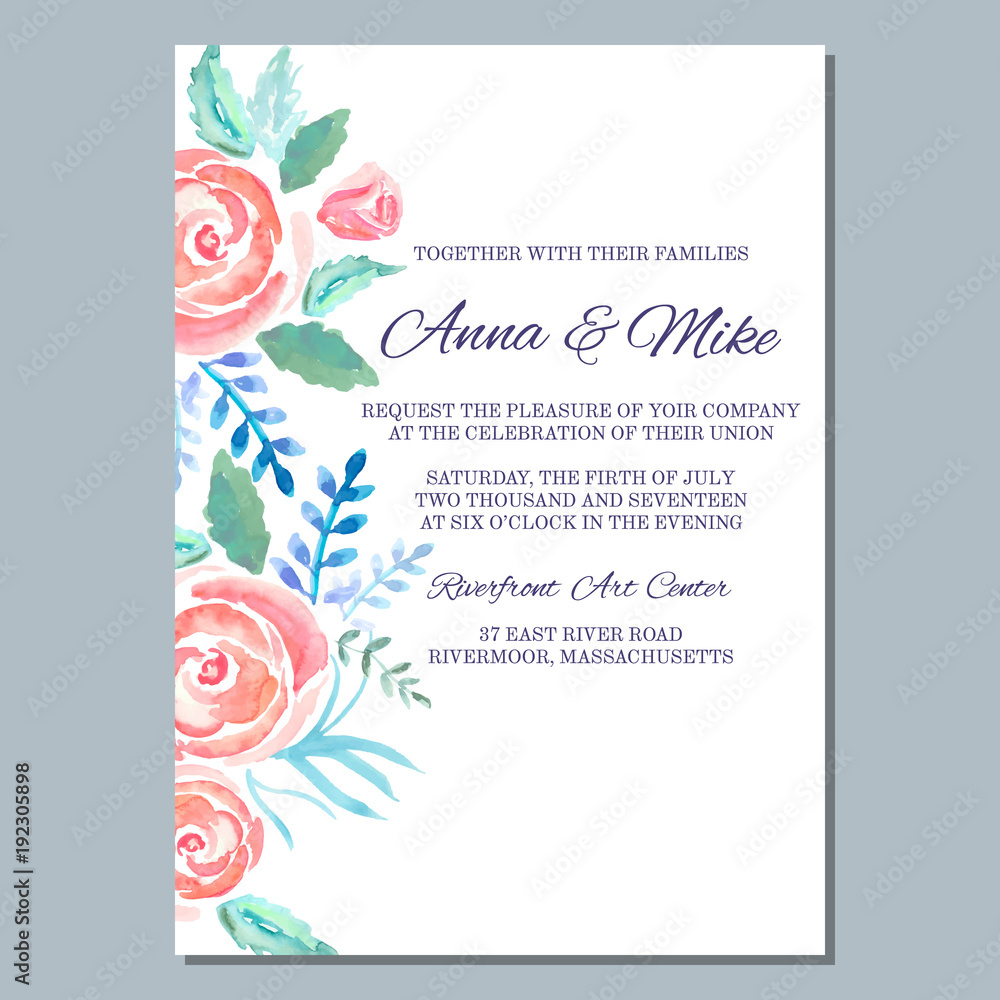 Wedding invitation template with watercolor roses, thank you card, save ...