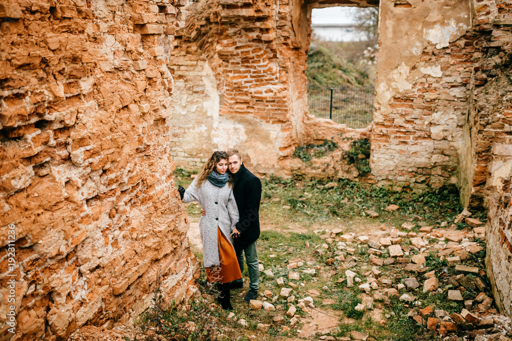 Closeup portrait of loving pair. Two lovers outdoor standing cheek to ...