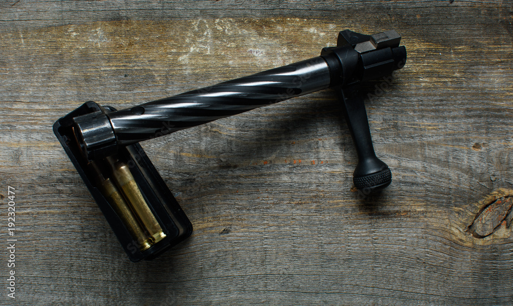 Shutter, carbine clip, ammo, lies and on a wooder background. Stock ...