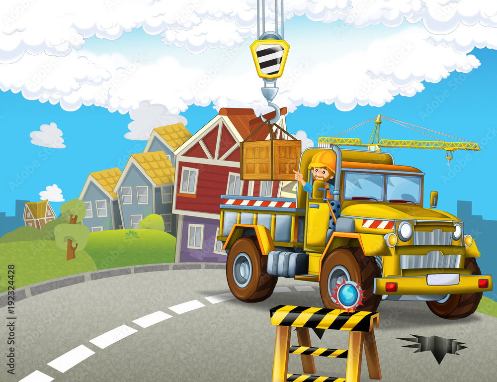 cartoon scene with funny construction site car - illustration for ...