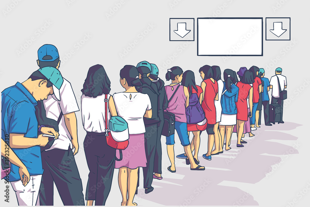 Illustration of crowd of people standing in line whit blank sign in ...