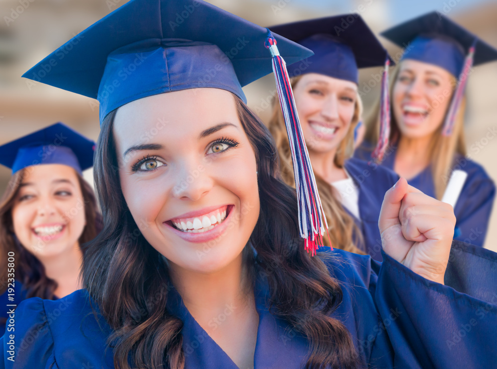 Happy Graduating Group of Girls In Cap and Gown Celebrating on Campus ...