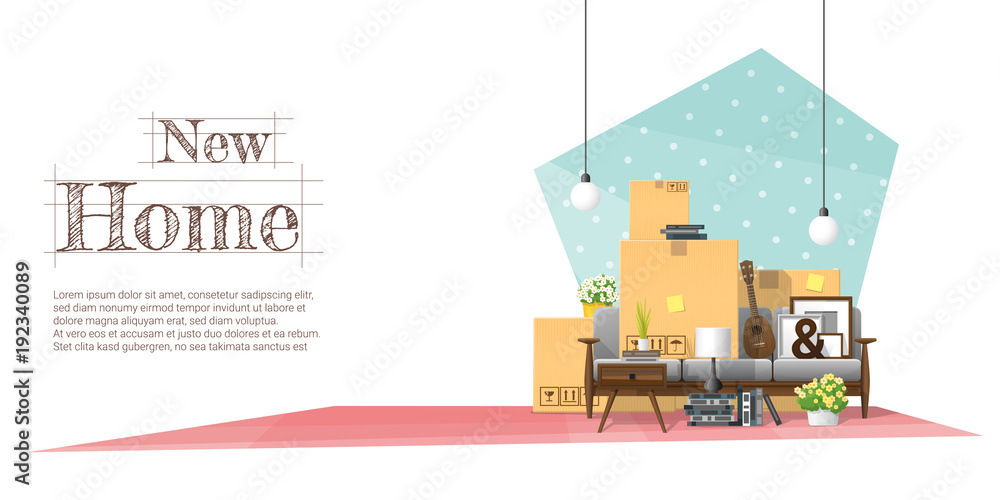 Moving home concept background with cardboard boxes and furniture in ...