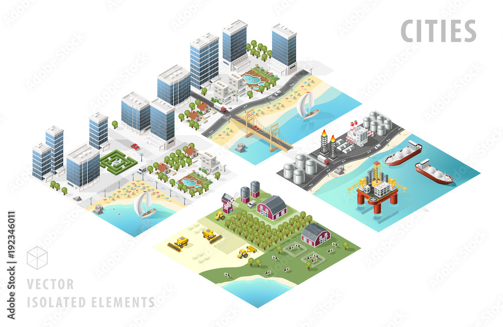 Set of Isolated Isometric Realistic City Maps. Elements with Shadows on ...