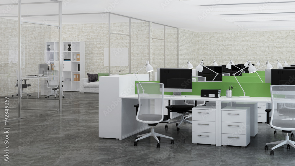 Office space. Design of office. 3D rendering. Stock Illustration ...