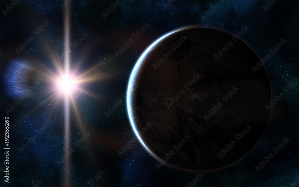 Solar system. Earth in sunlight glare. Space landscape. Image in 5K ...
