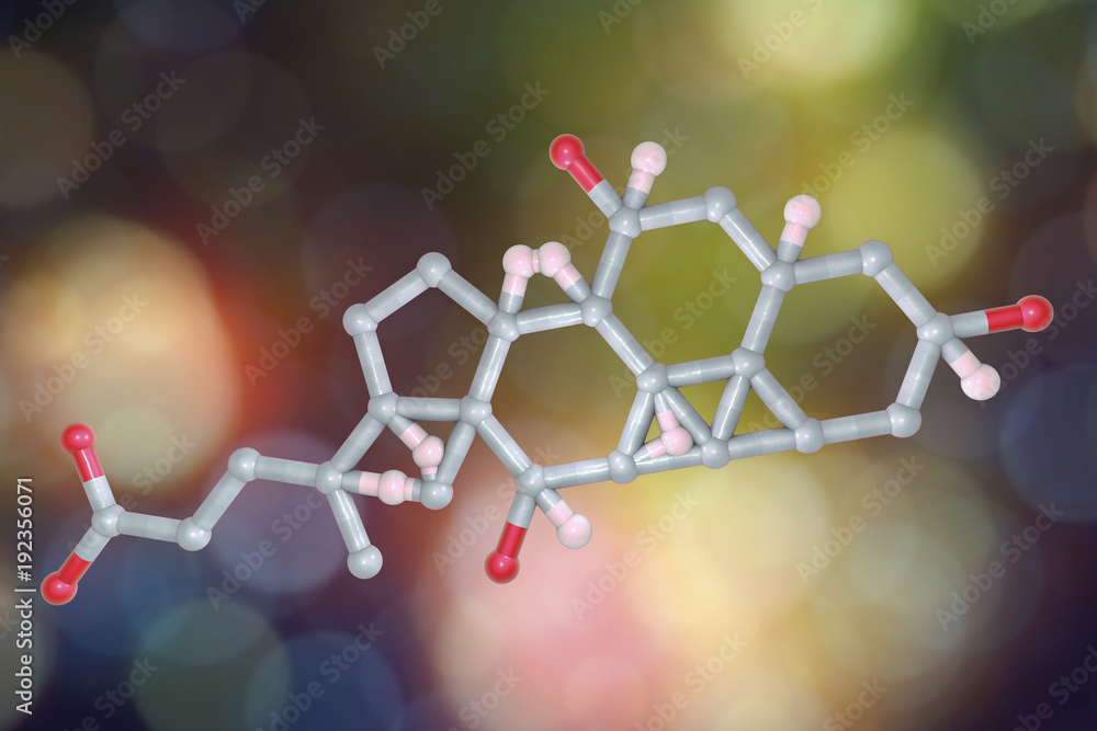 Cholic acid molecule, 3D illustration. A major primary bile acid ...
