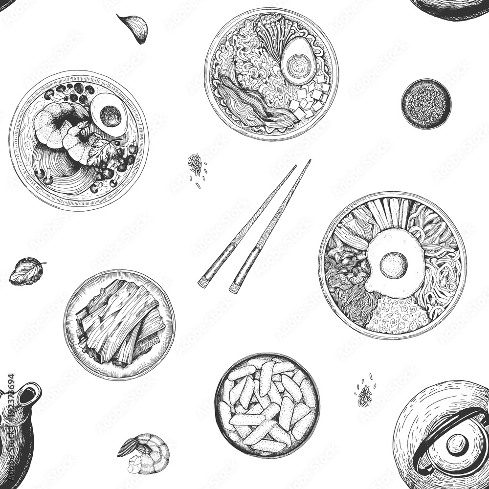 Korean food seamless pattern. Asian food background. Korean food menu ...