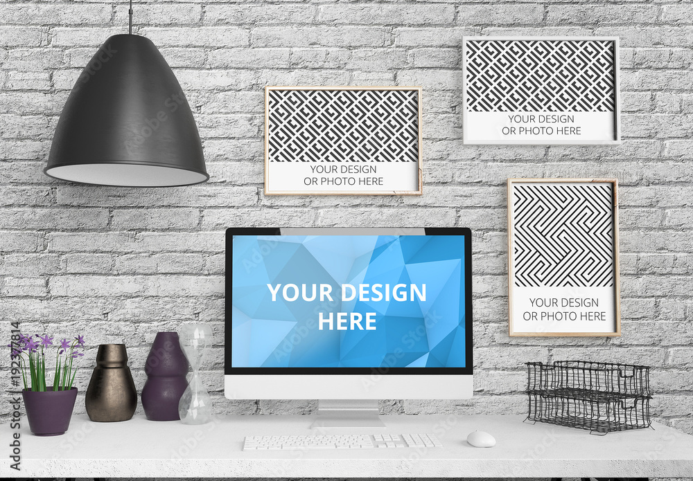 3 Frames and Computer in an Office Mockup 3 Stock Template | Adobe Stock