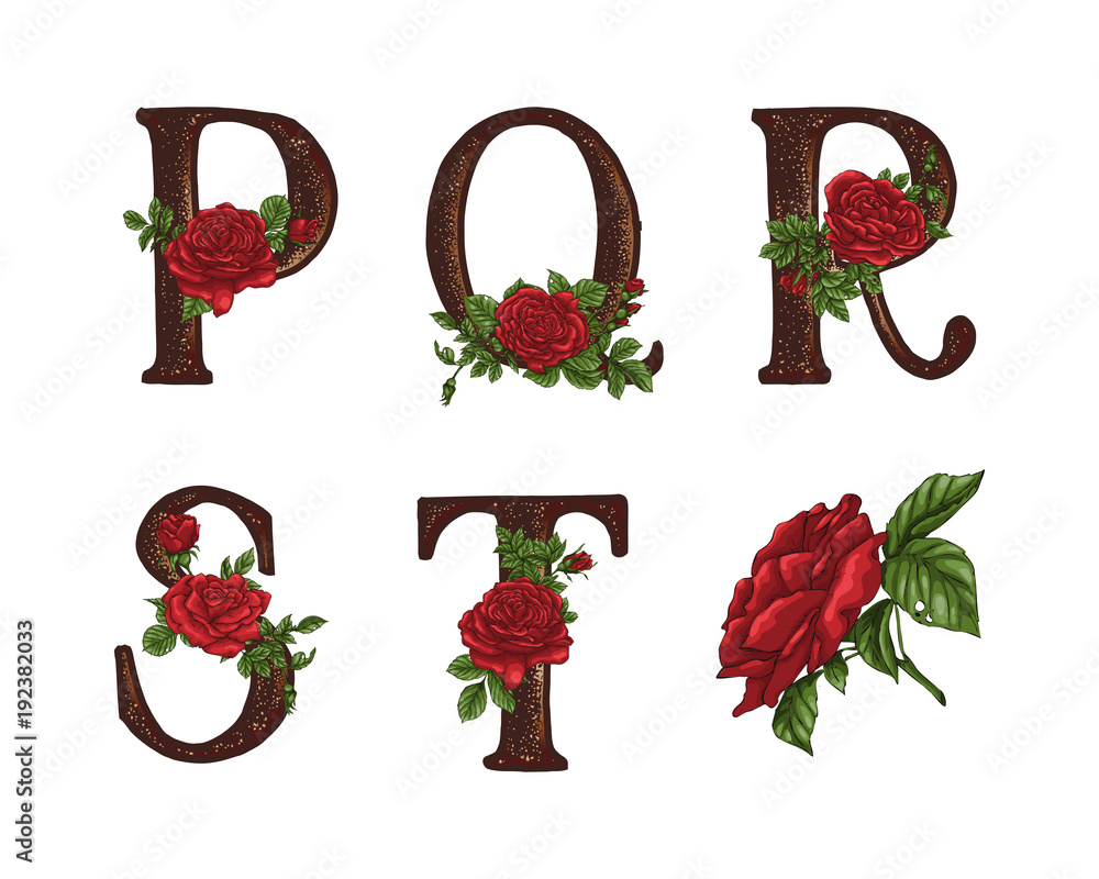 Red Roses letters. Hand draw. Vector alphabet Stock Vector | Adobe Stock