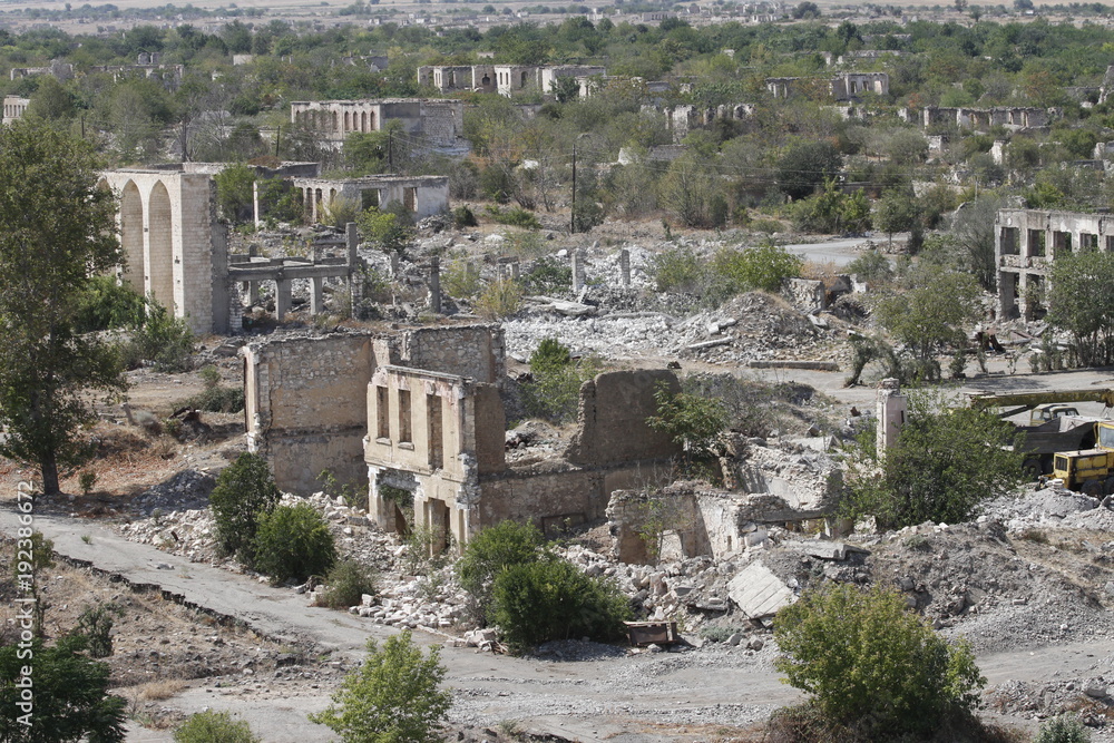 Ruined soviet-era buildings in Agdam, ghost town in Nagorno-Karabakh ...