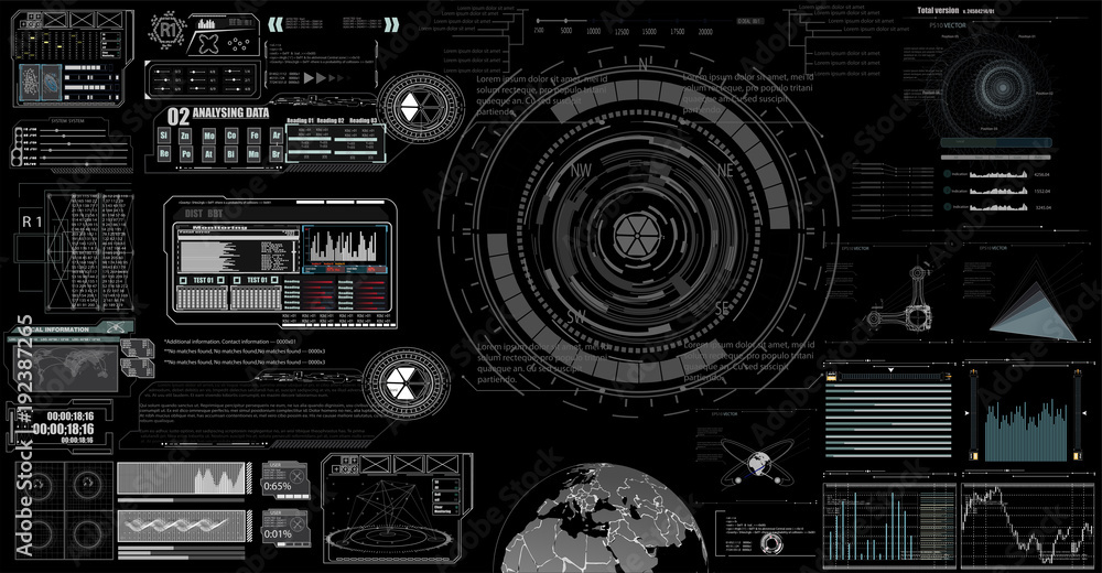 set of black and white infographic elements. Head-up display elements ...