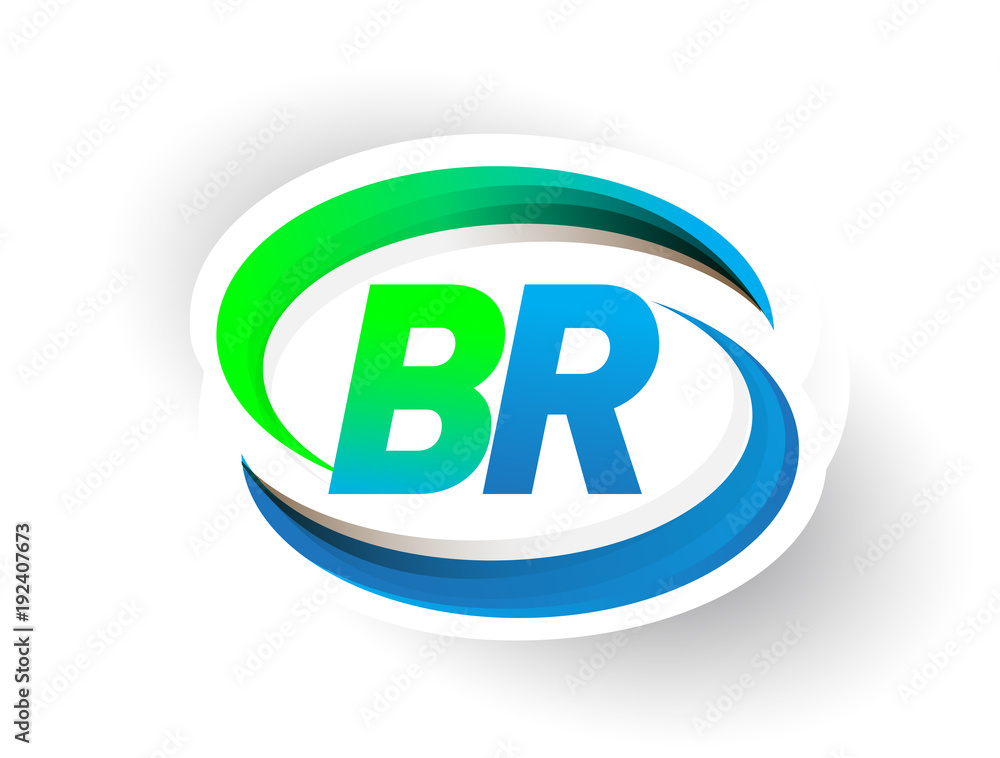 initial letter BR logotype company name colored blue and green swoosh ...