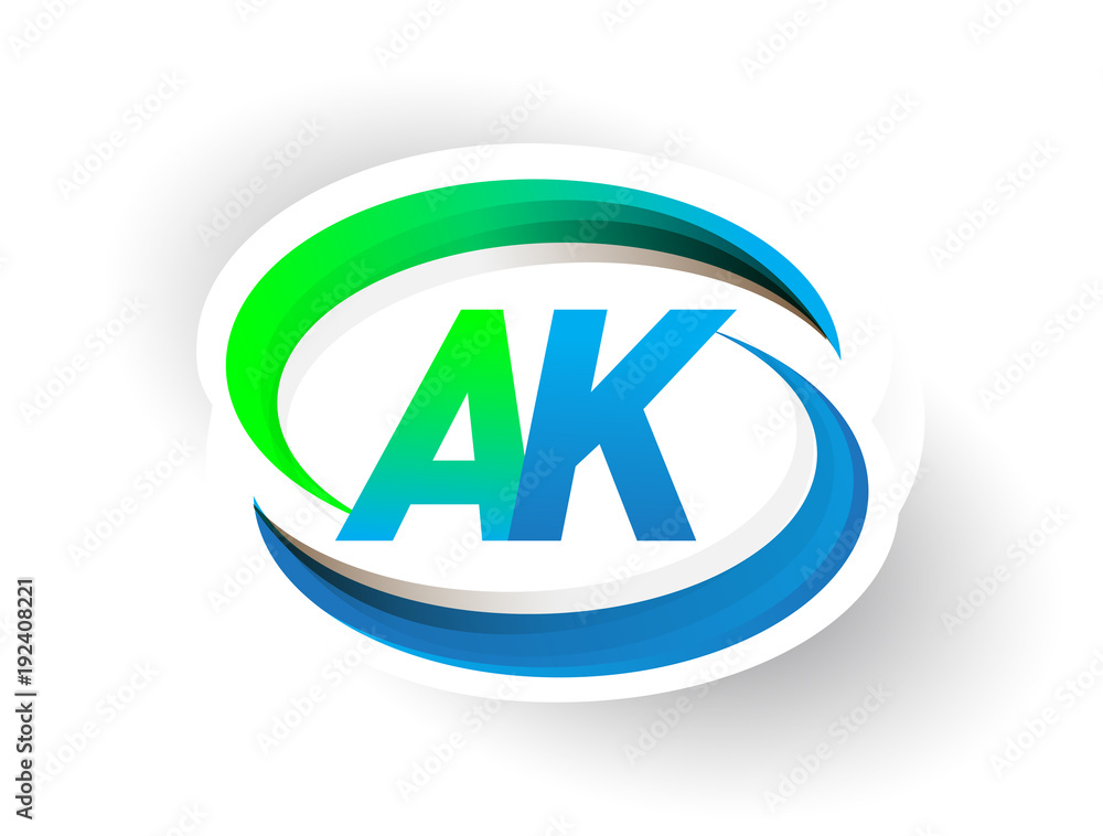 initial letter AK logotype company name colored blue and green swoosh ...