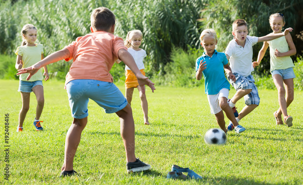 Group of friendly kids playing football together on green lawn in park ...