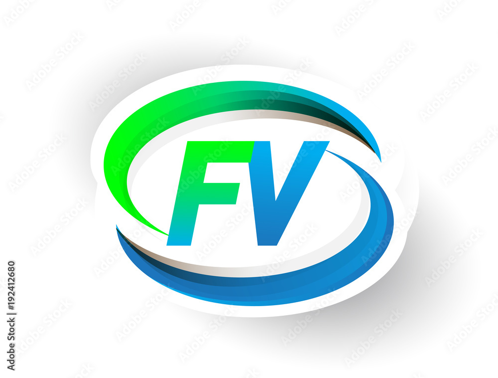 initial letter FV logotype company name colored blue and green swoosh ...
