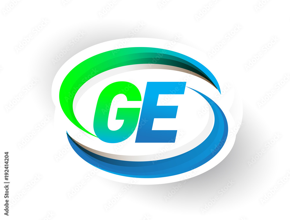 initial letter GE logotype company name colored blue and green swoosh ...