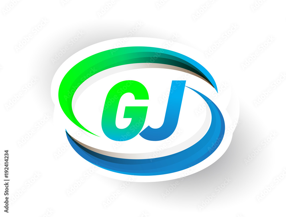 initial letter GJ logotype company name colored blue and green swoosh ...