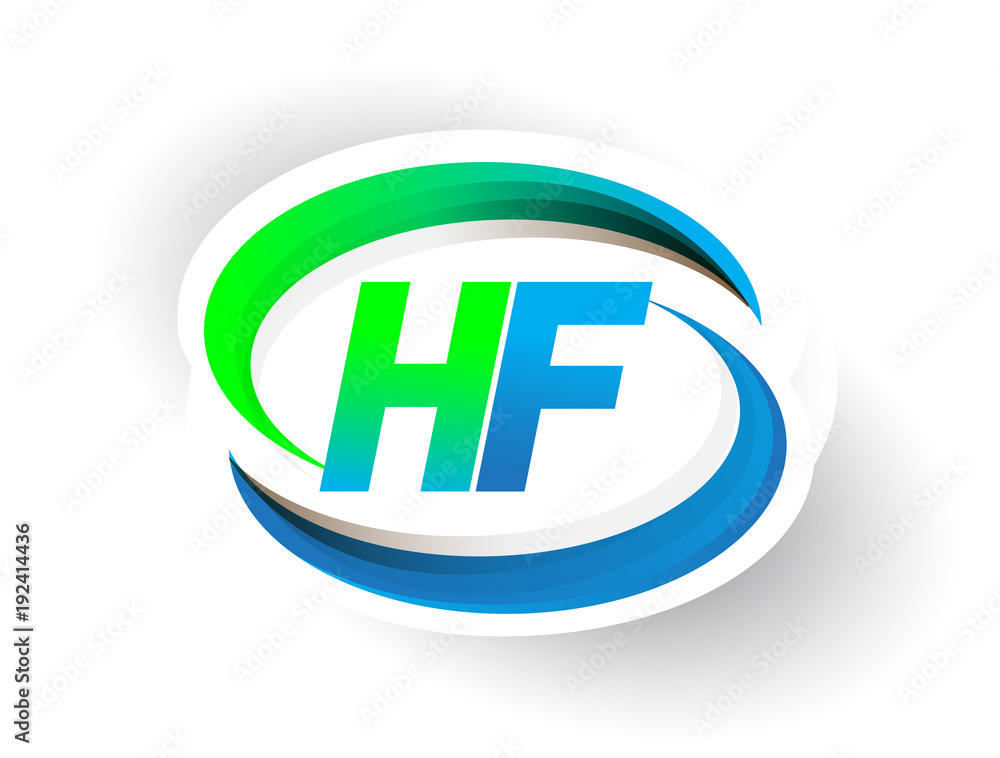 initial letter HF logotype company name colored blue and green swoosh ...
