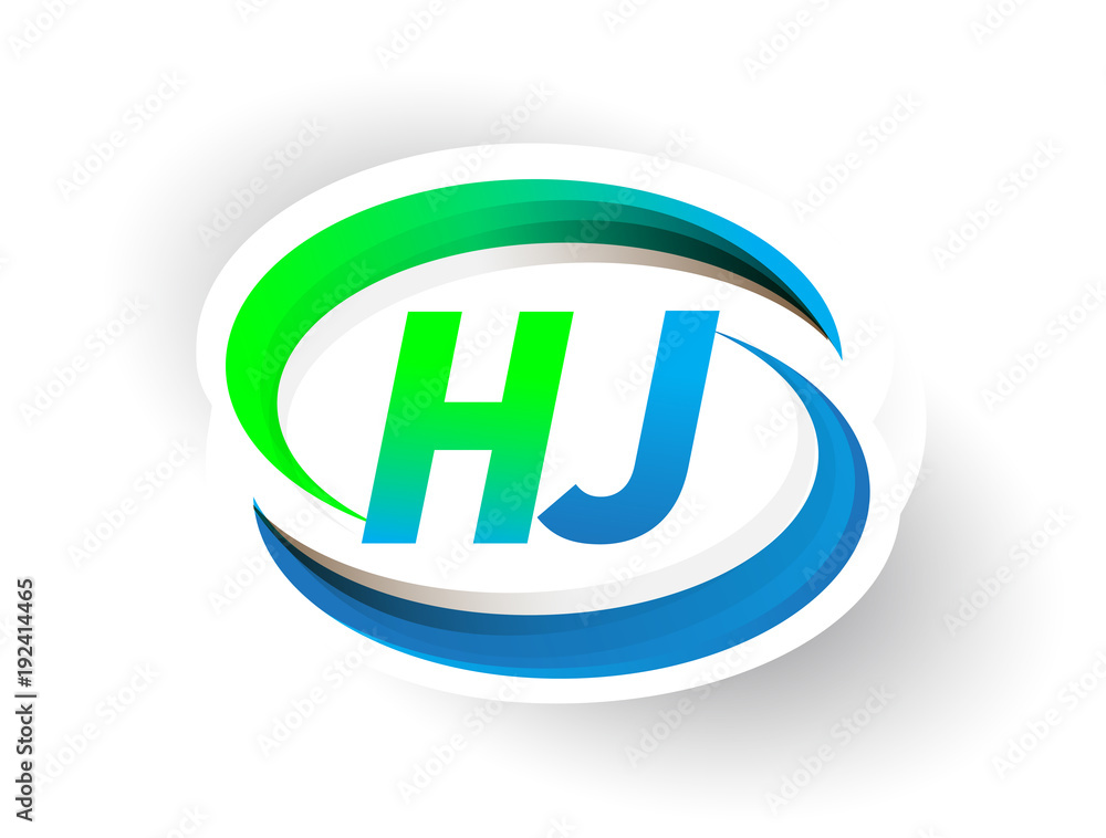 initial letter HJ logotype company name colored blue and green swoosh ...