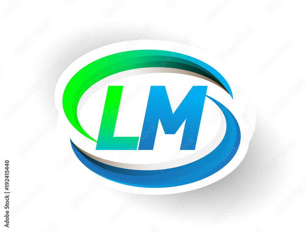 initial letter LM logotype company name colored blue and green swoosh ...