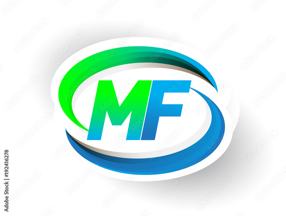 initial letter MF logotype company name colored blue and green swoosh ...