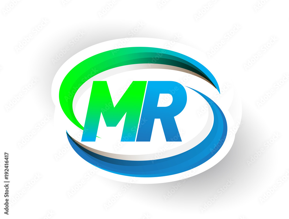 initial letter MR logotype company name colored blue and green swoosh ...