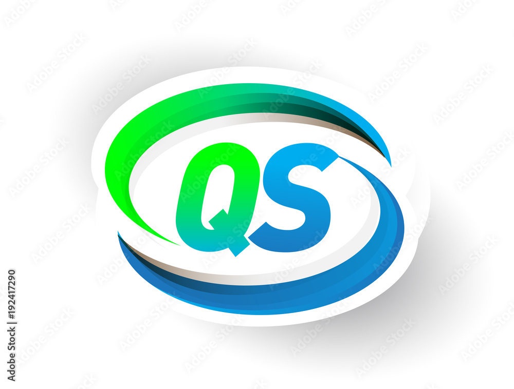 initial letter QS logotype company name colored blue and green swoosh design, modern logo ...