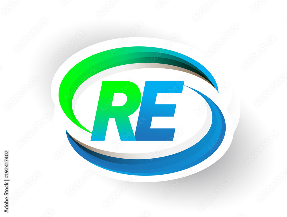 initial letter RE logotype company name colored blue and green swoosh ...