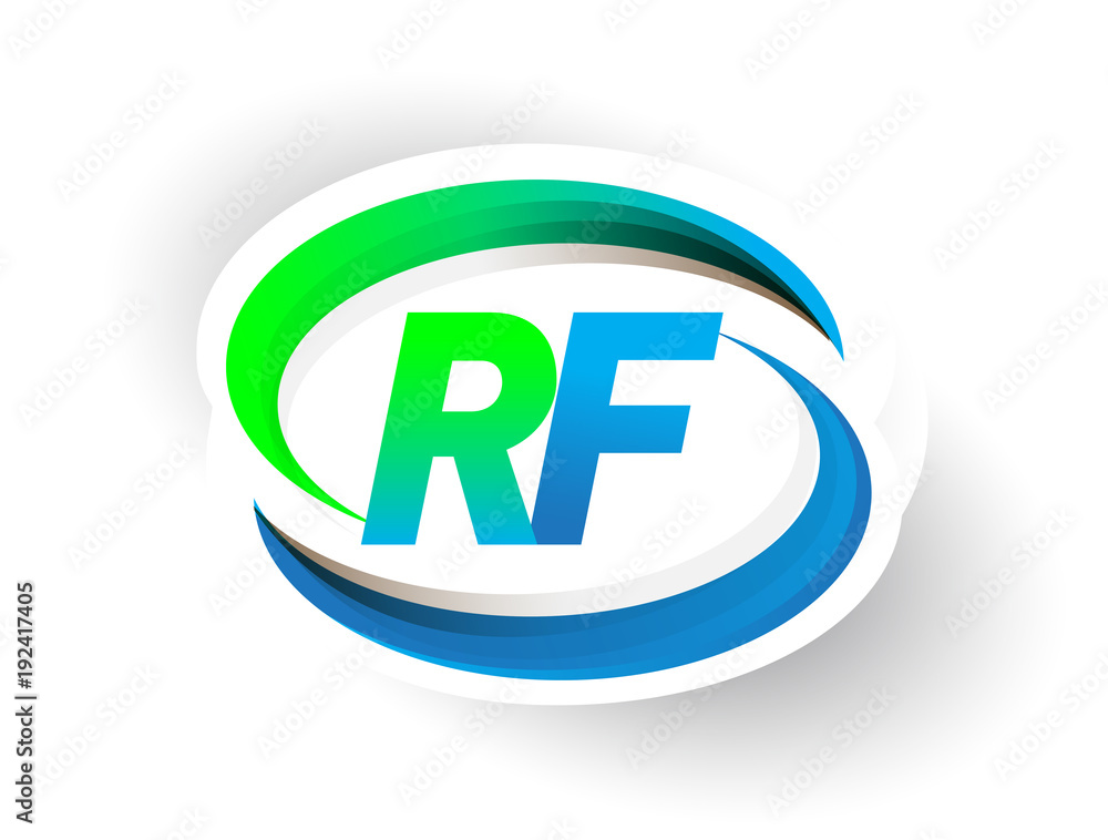 initial letter RF logotype company name colored blue and green swoosh ...