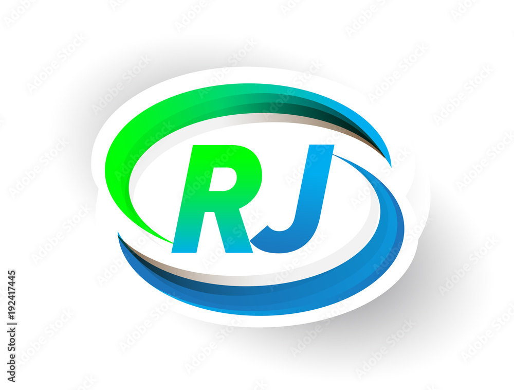 initial letter RJ logotype company name colored blue and green swoosh ...