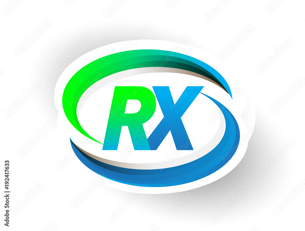 initial letter RX logotype company name colored blue and green swoosh ...