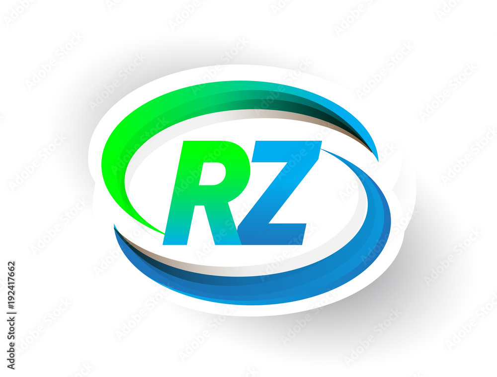 initial letter RZ logotype company name colored blue and green swoosh ...