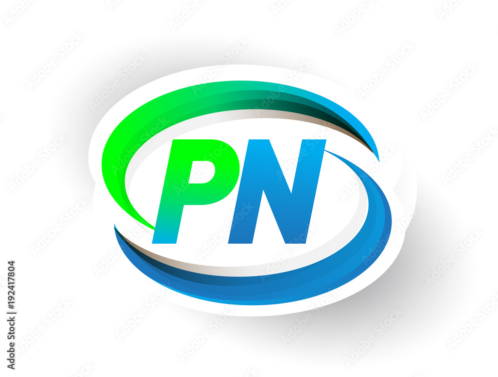 initial letter PN logotype company name colored blue and green swoosh ...
