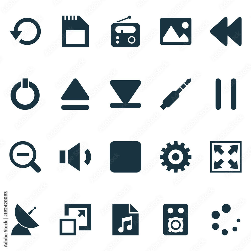 Multimedia icons set with jack, megaphone, stop and other playlist ...