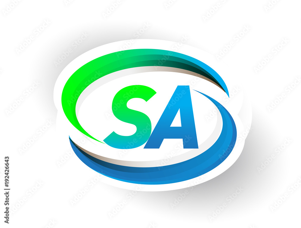 initial letter SA logotype company name colored blue and green swoosh ...