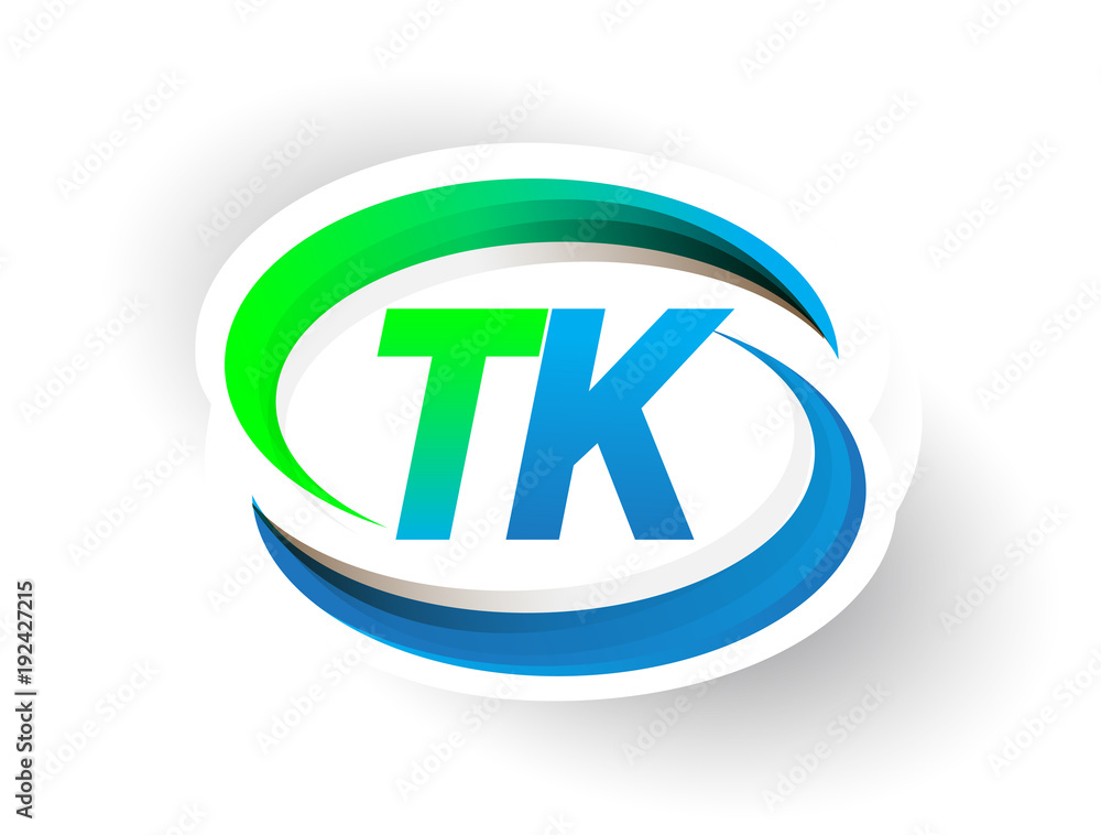 initial letter TK logotype company name colored blue and green swoosh ...