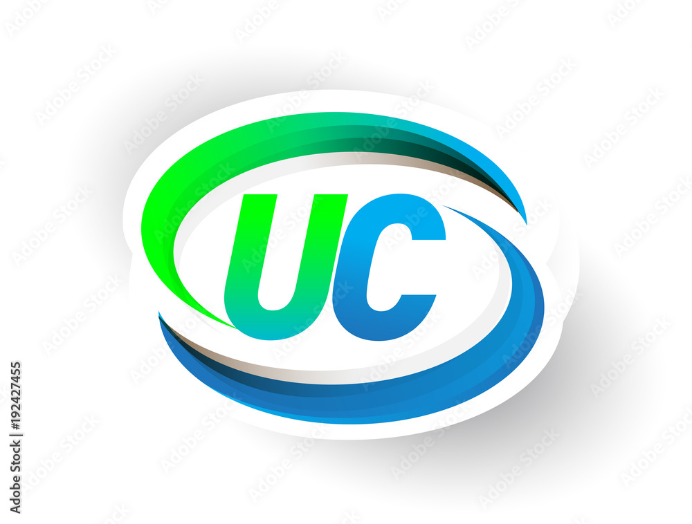 initial letter UC logotype company name colored blue and green swoosh ...